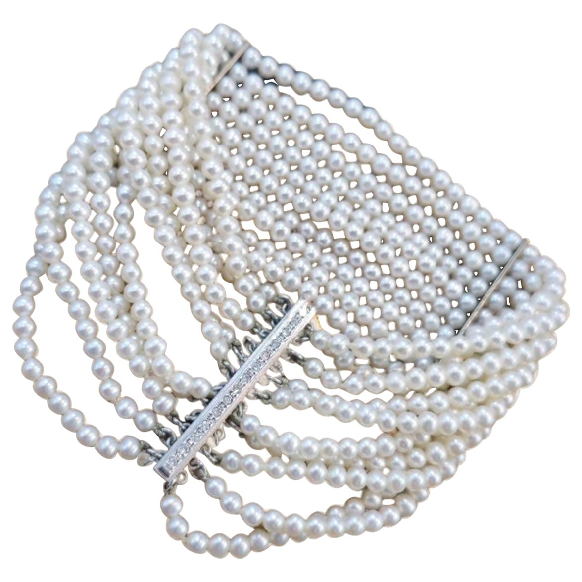 Elegant 14K White Gold Pearl Seed Bracelet With Natural Diamonds Clasp ...
