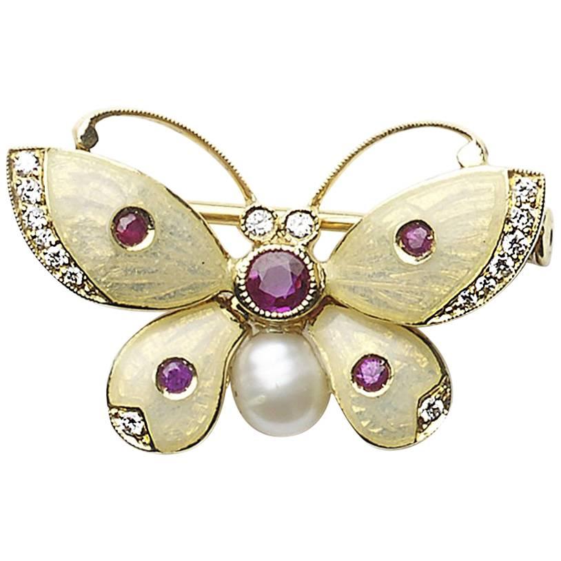 Enamel Pearl Ruby Diamond Gold Butterfly Brooch at 1stDibs