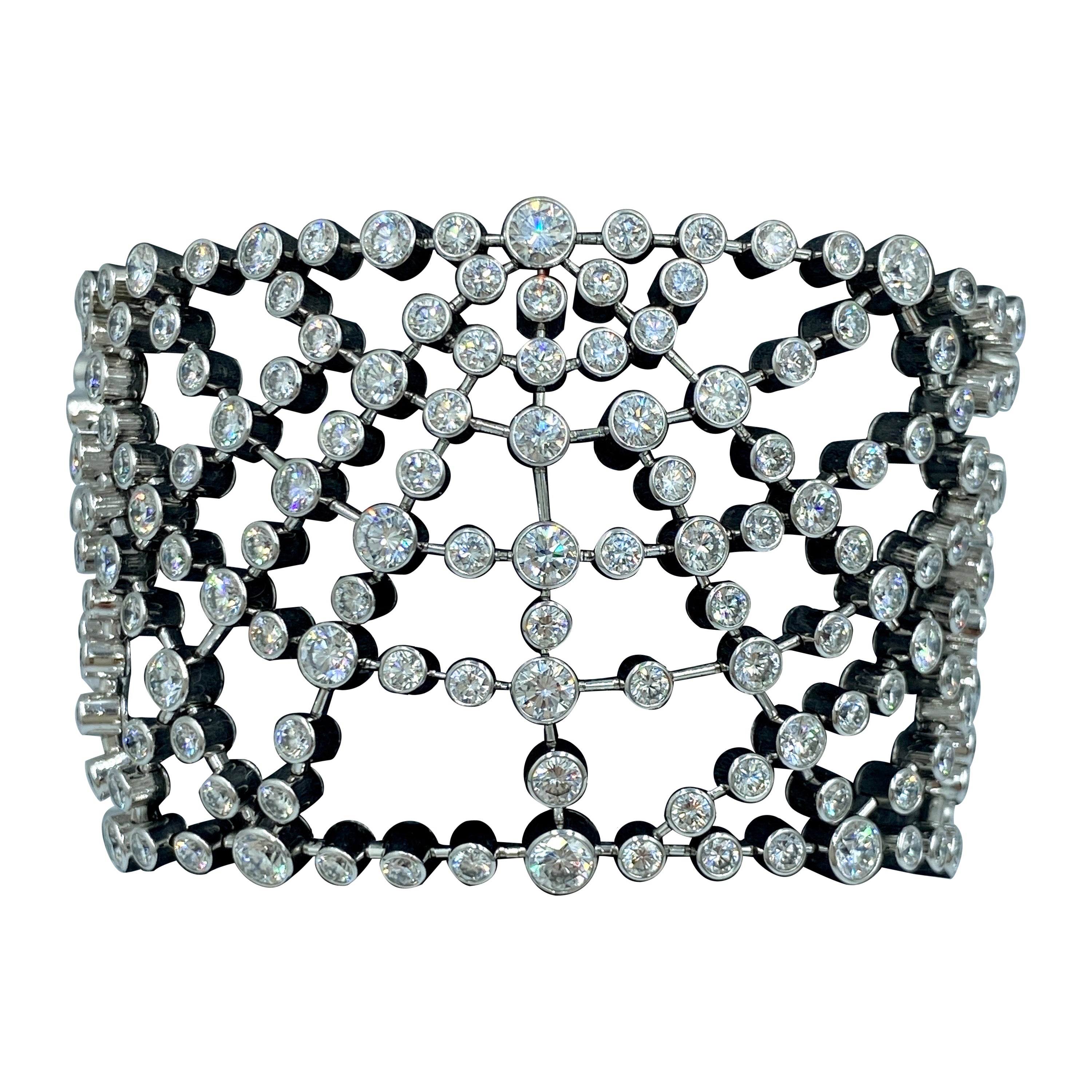 1980s Chaumet 18k gold and diamond cobweb bracelet in its original box ...