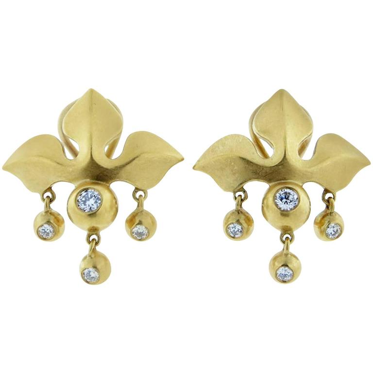 Elizabeth Rand Fleur-de-Lys Diamond Gold Matte Finish Earrings For Sale ...