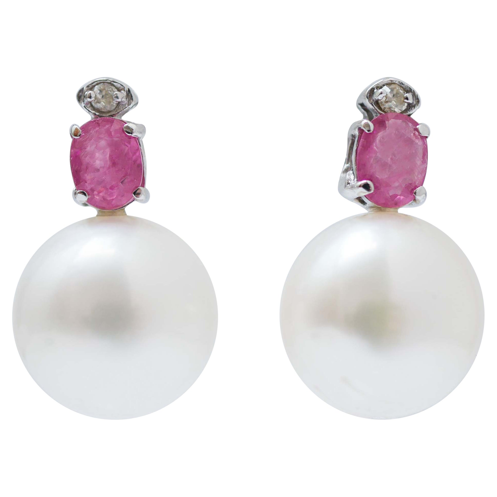 12 Mm White Pearls, Rubies, Diamonds, 14 Karat White Gold Earrings. For ...