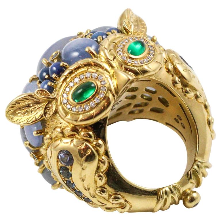Temple St. Clair Grey Star Sapphire Emerald Diamond Athena Owl Ring at ...