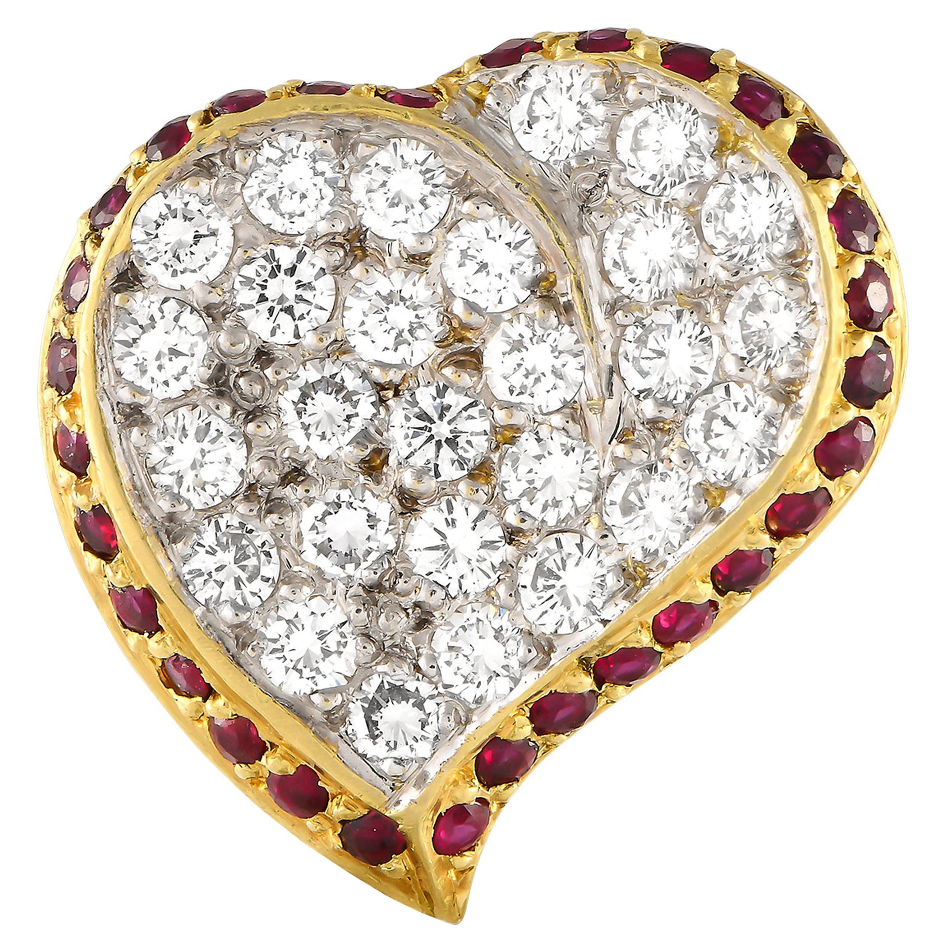 18k Yellow Gold Diamond and Ruby Heart with crown Brooch For Sale at ...