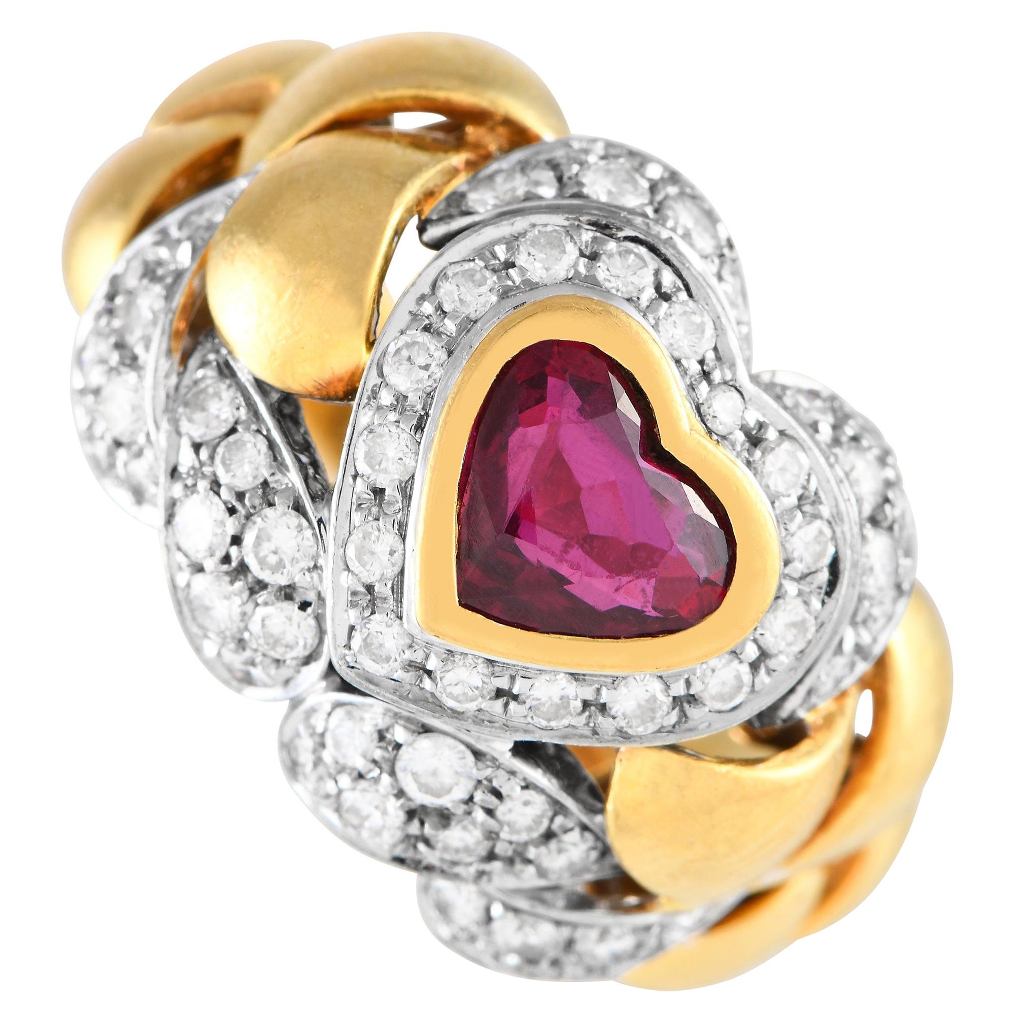 18K Yellow Gold 0.65ct Diamond and Ruby Heart Ring For Sale at 1stDibs