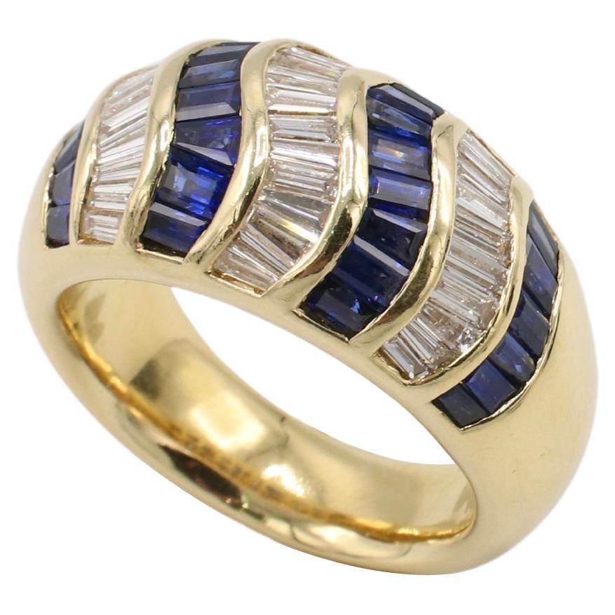 18 Karat Yellow Gold Natural Diamond and Blue Sapphire Dome Band Ring ...