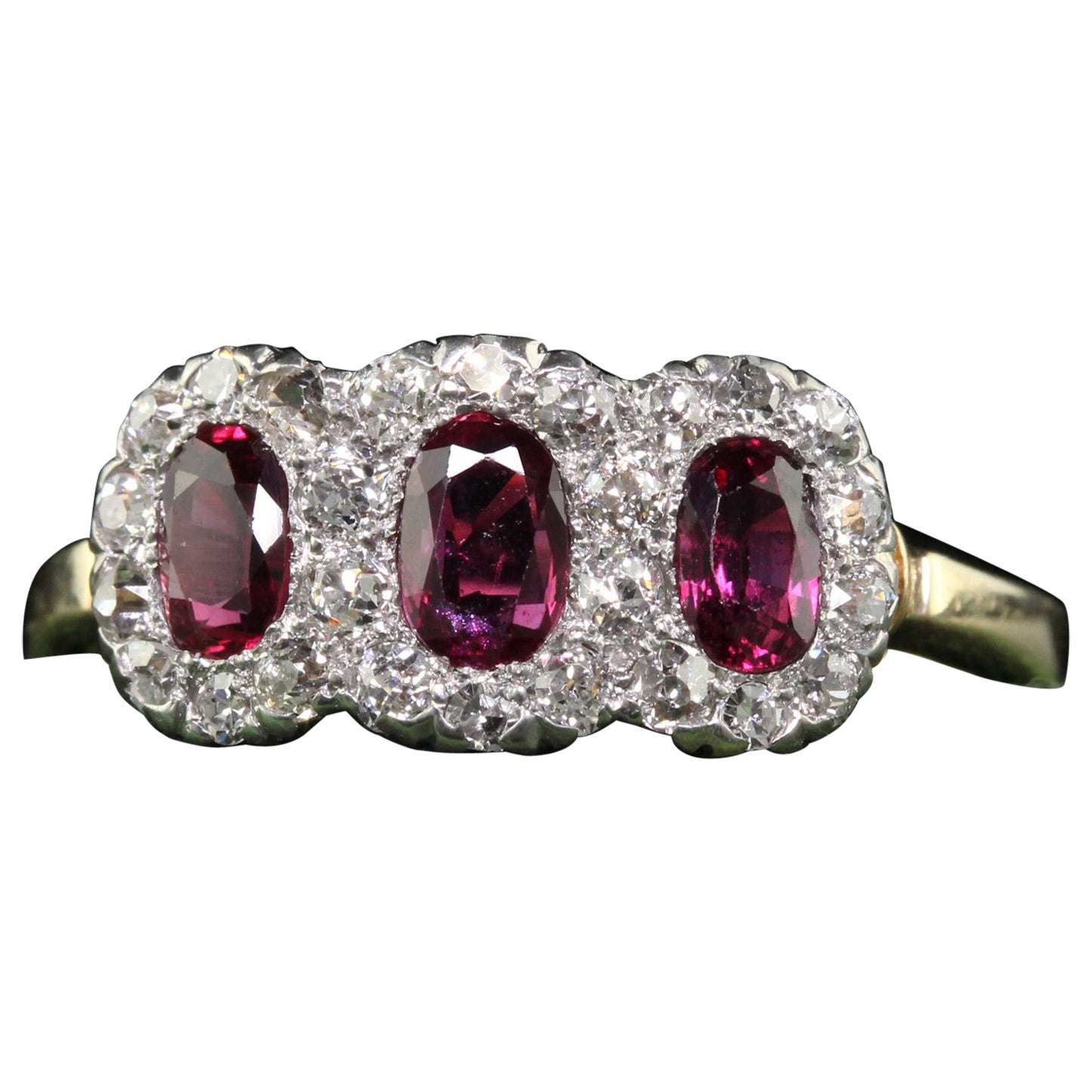 Antique Edwardian Platinum Old Mine Ruby and Diamond Three Stone Ring For Sale at 1stDibs