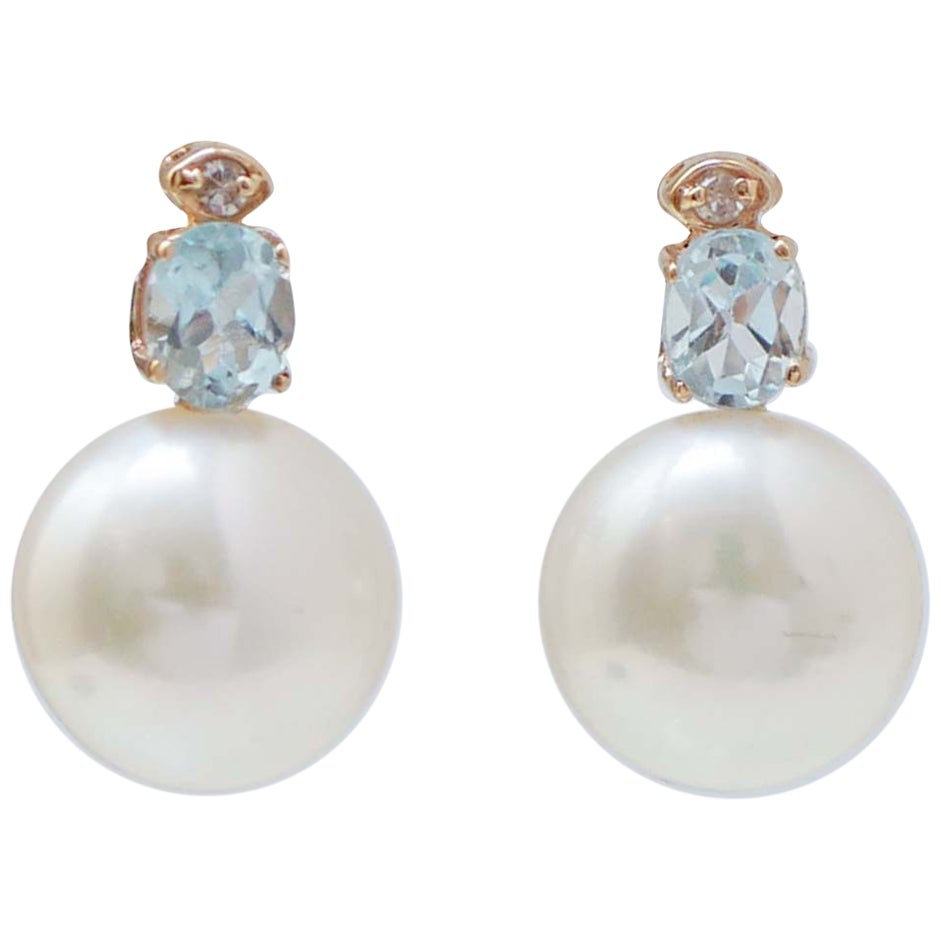 Aquamarine Colour Topazs, Diamonds, Pearls, 14 Karat Rose Gold Earrings ...