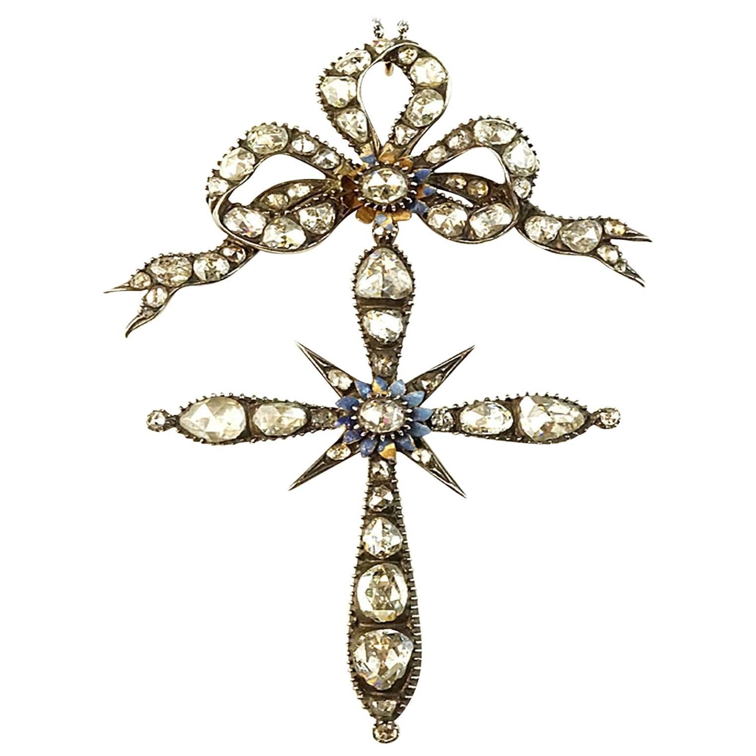 Antique Victorian Rose Cut Diamond Bow Cross Pendant For Sale at 1stDibs