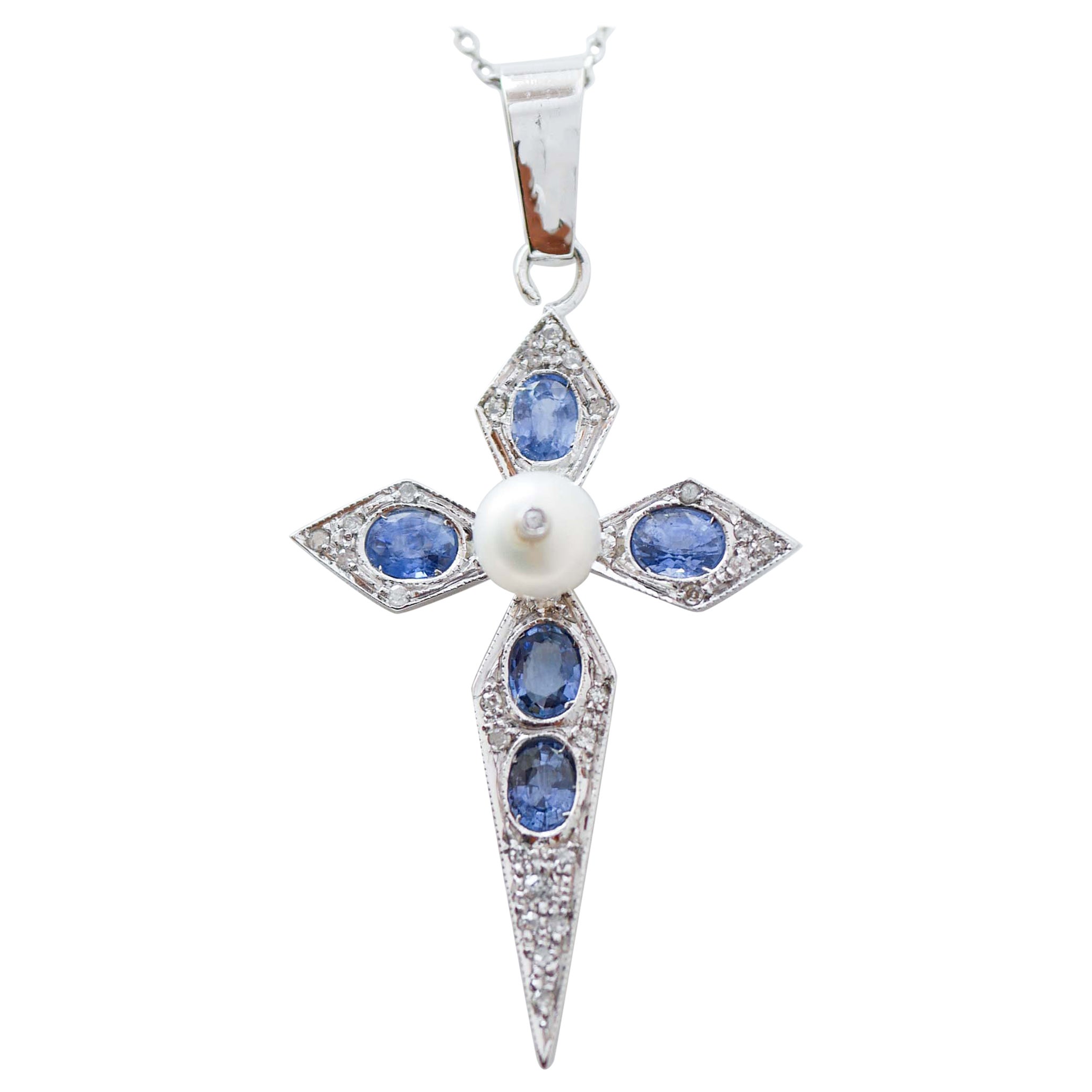Pearl, Sapphires, Diamonds, Platinum Cross Pendant. For Sale at 1stDibs
