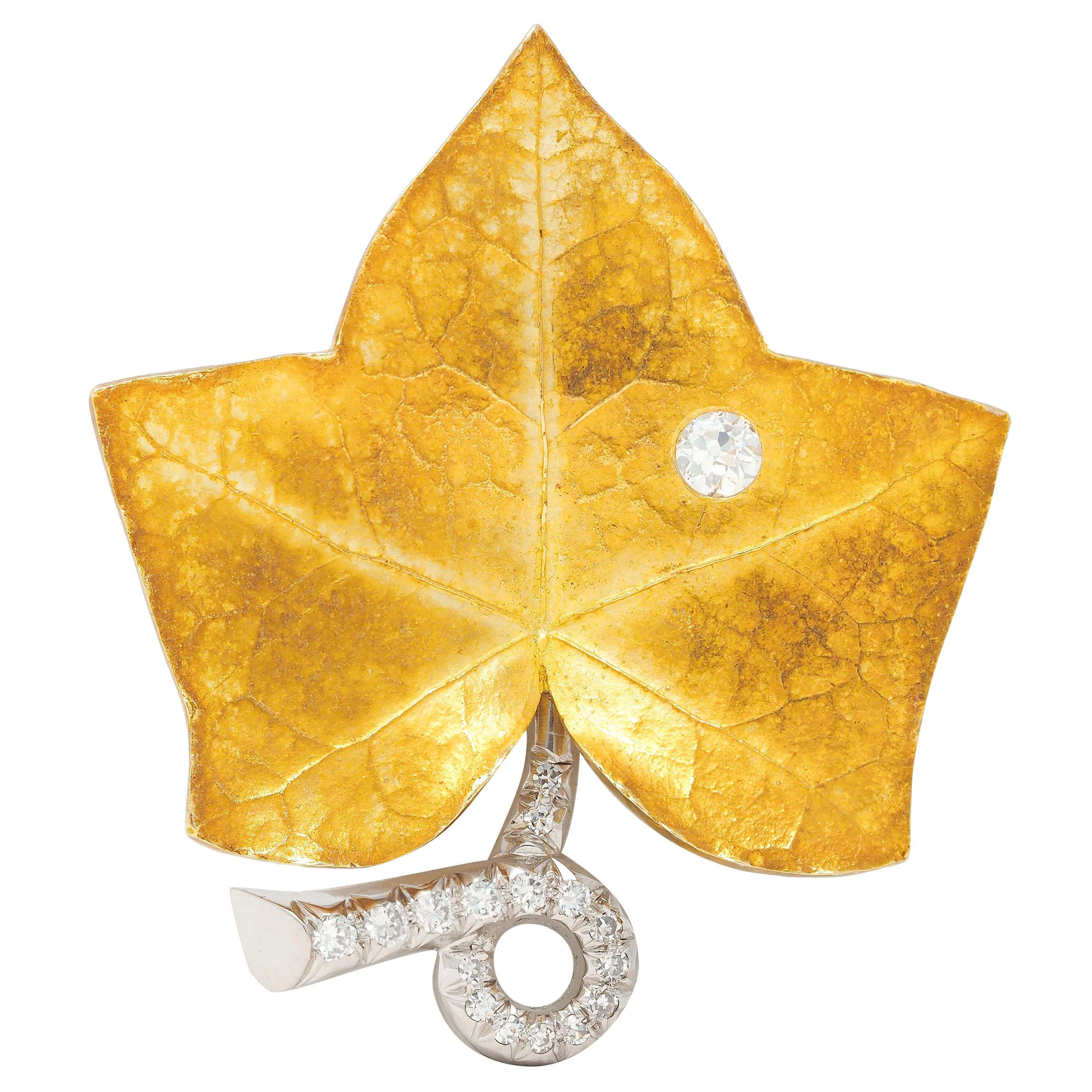 Cartier 1950's Diamond Platinum 18 Karat Yellow Gold Vintage Ivy Leaf ...
