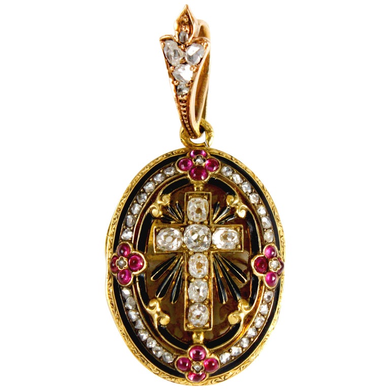 18K Yellow Gold Diamond and Ruby Cross Pendant Locket, circa 1860s at ...