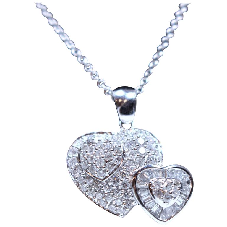 Double Heart Pendant Diamond Gold Necklace For Sale at 1stDibs