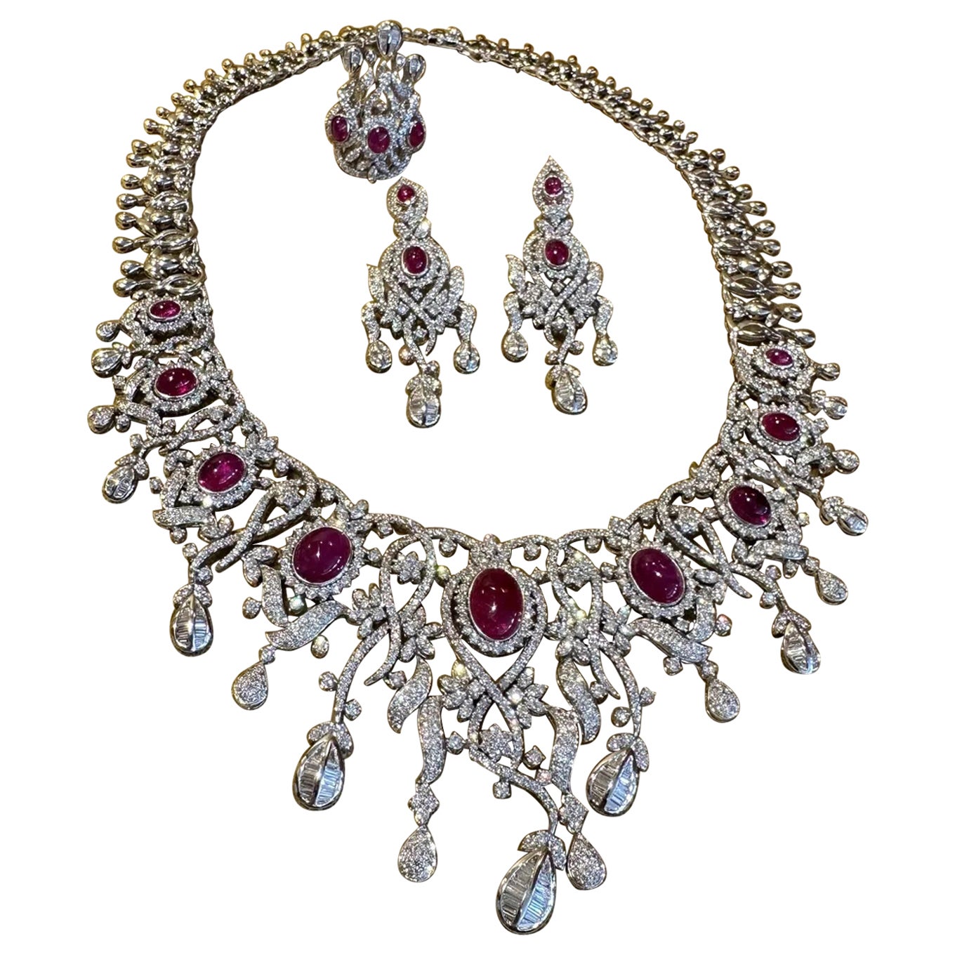 Ruby and Diamond Chandelier Necklace with Ring and Earrings 18k White ...