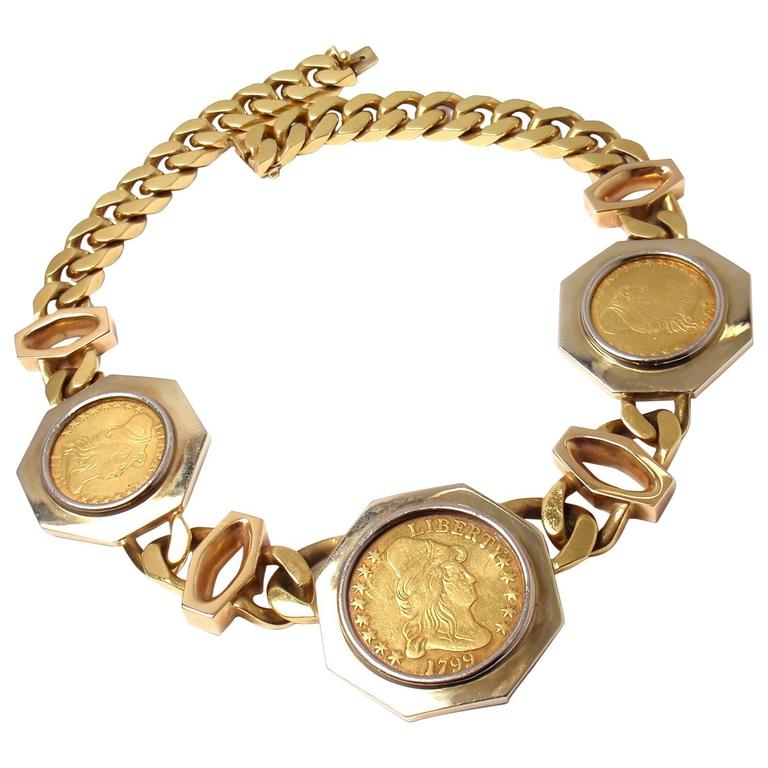 Bulgari Three Antique Gold American Coins Heavy Large Link Necklace at ...
