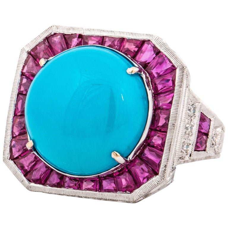Turquoise Ruby and Diamond Ring in 18K White Gold For Sale at 1stDibs ...