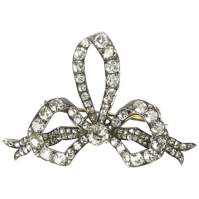 Antique Victorian Diamond Silver Upon Gold Bow Brooch at 1stDibs