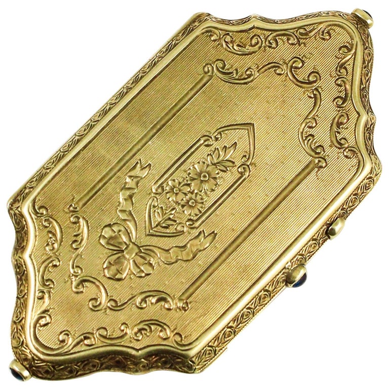 Exquisite Gold Engraved Compact With Sapphire Accents at 1stDibs