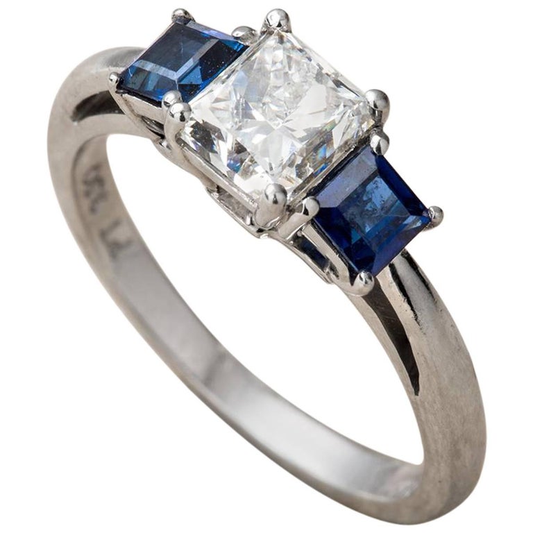 Platinum Engagement Ring Princess cut diamond and sapphires at 1stDibs | princess cut sapphire ...