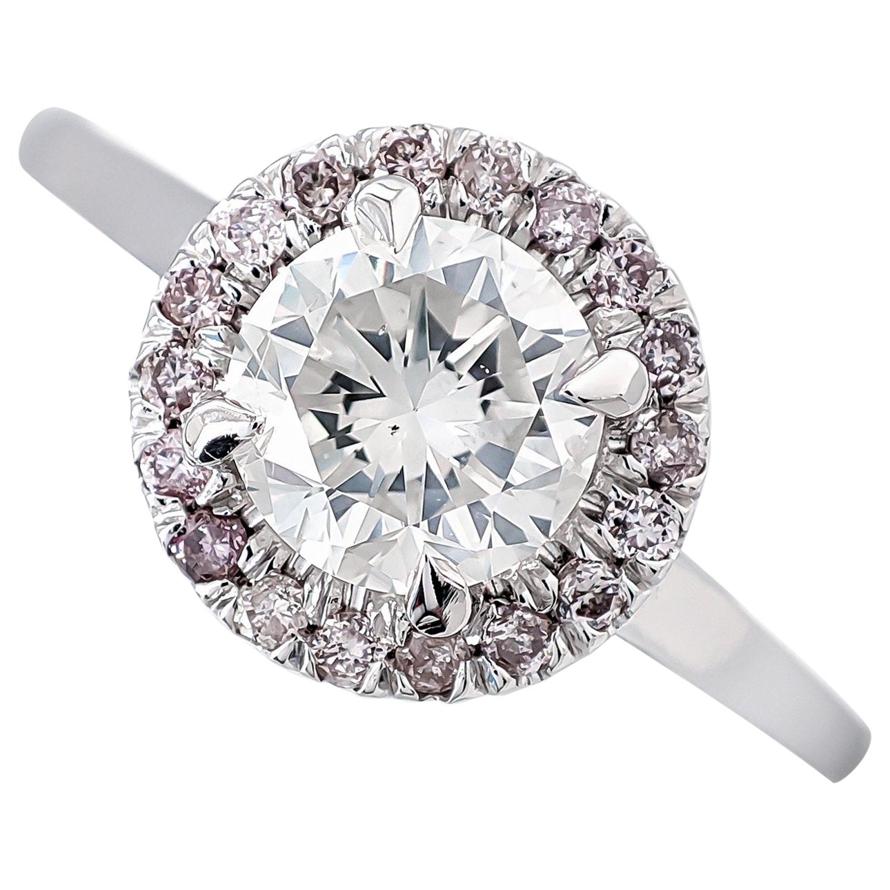 1.03ct Round Diamond and 0.18ct Pink Diamonds Halo Engagement Ring 14k White Gold For Sale at ...