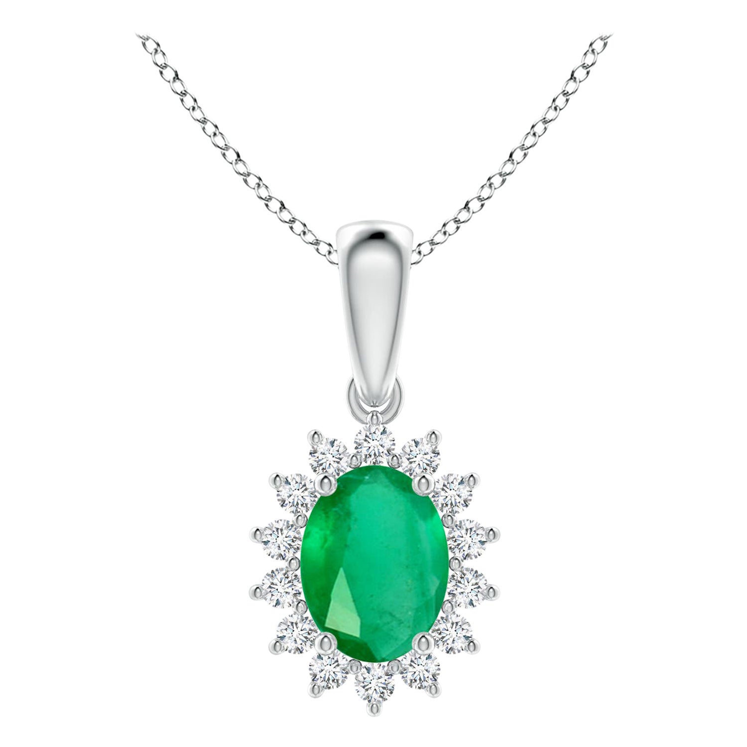 Natural Oval 1.1 ct Emerald Solitaire Pendant with Diamond in Platinum ...