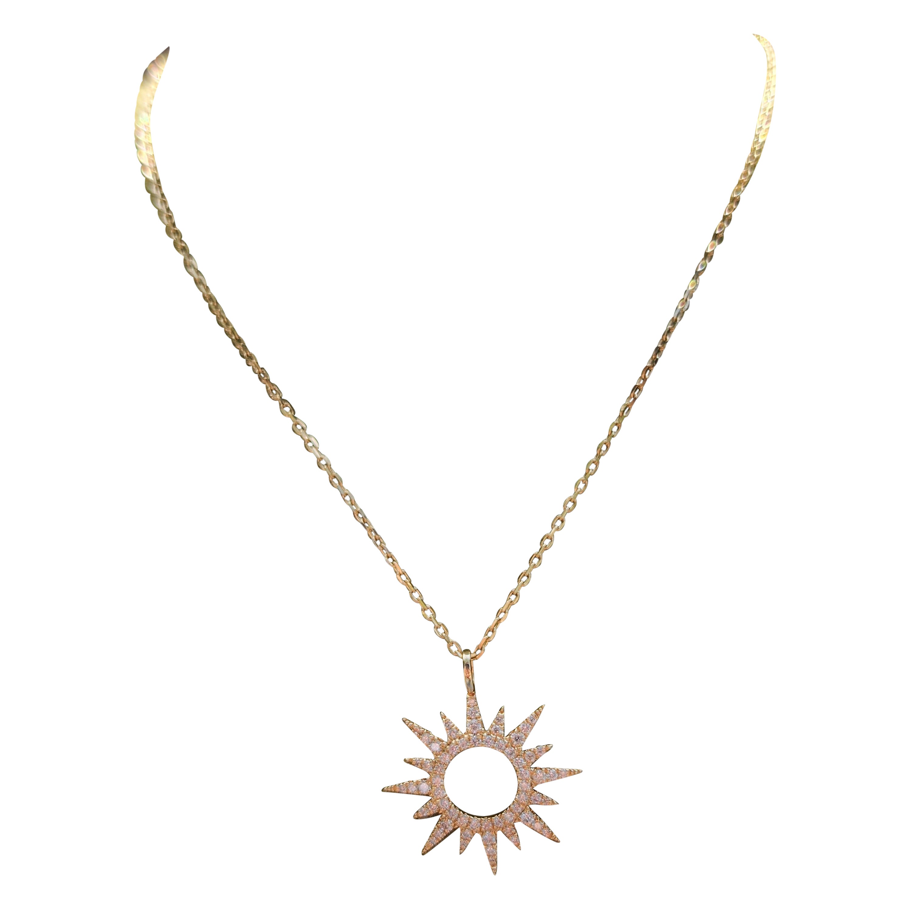 14K Yellow Gold Pave Sun Sunshine Pendant For Sale at 1stDibs