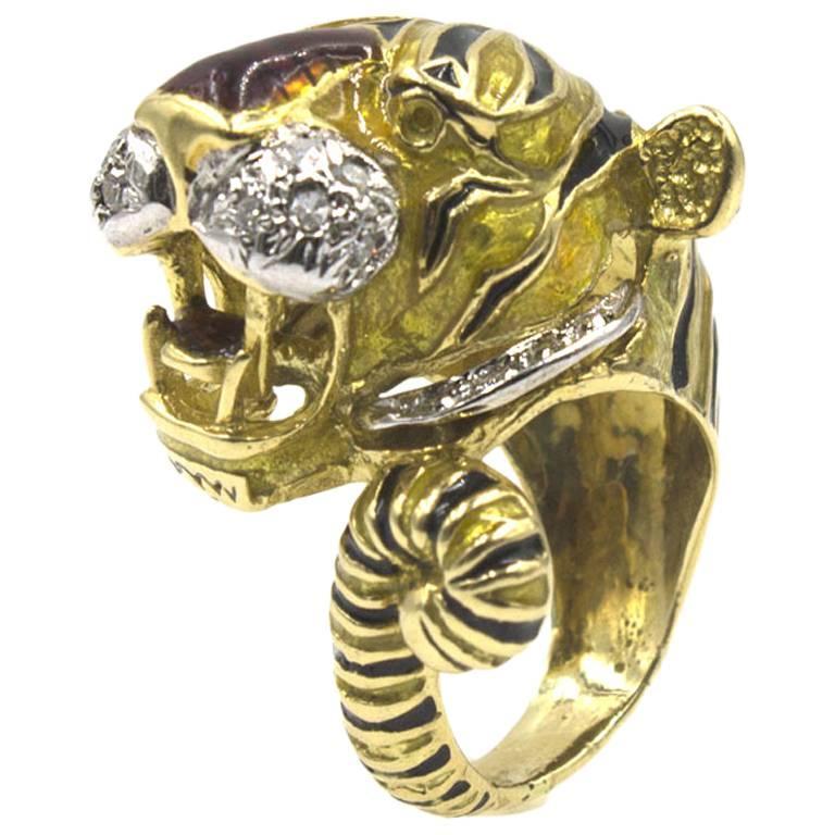 1970's Diamond Enamel 18 Karat Yellow Gold Tiger Ring at 1stDibs ...