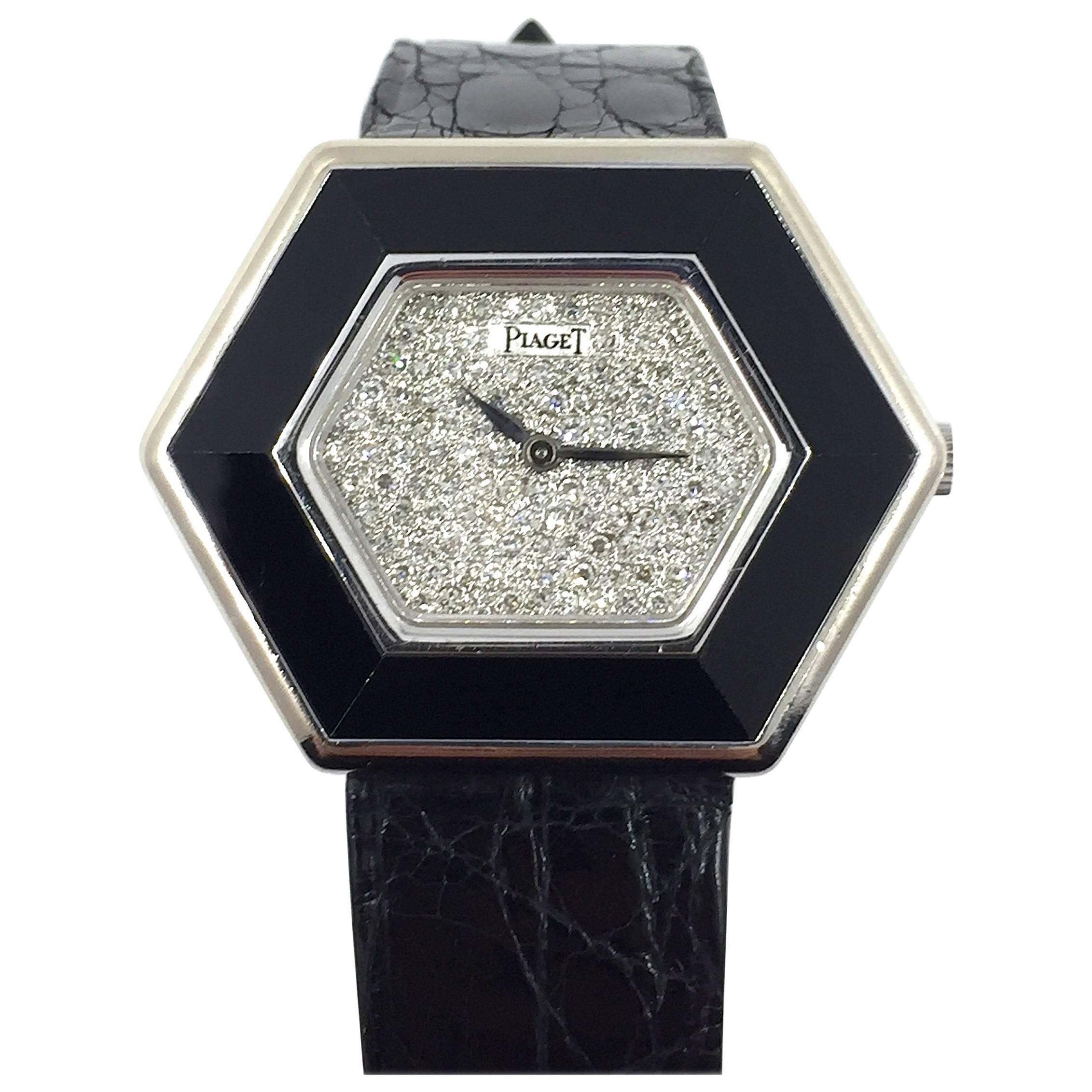 Piaget White Gold Onyx Pave Diamond Dial Manual Wind Wristwatch at 1stDibs