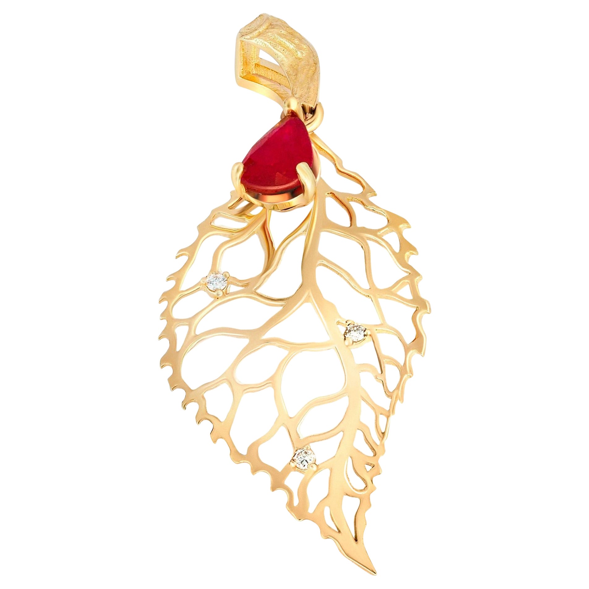 Leaf pendant with ruby and diamonds. For Sale at 1stDibs