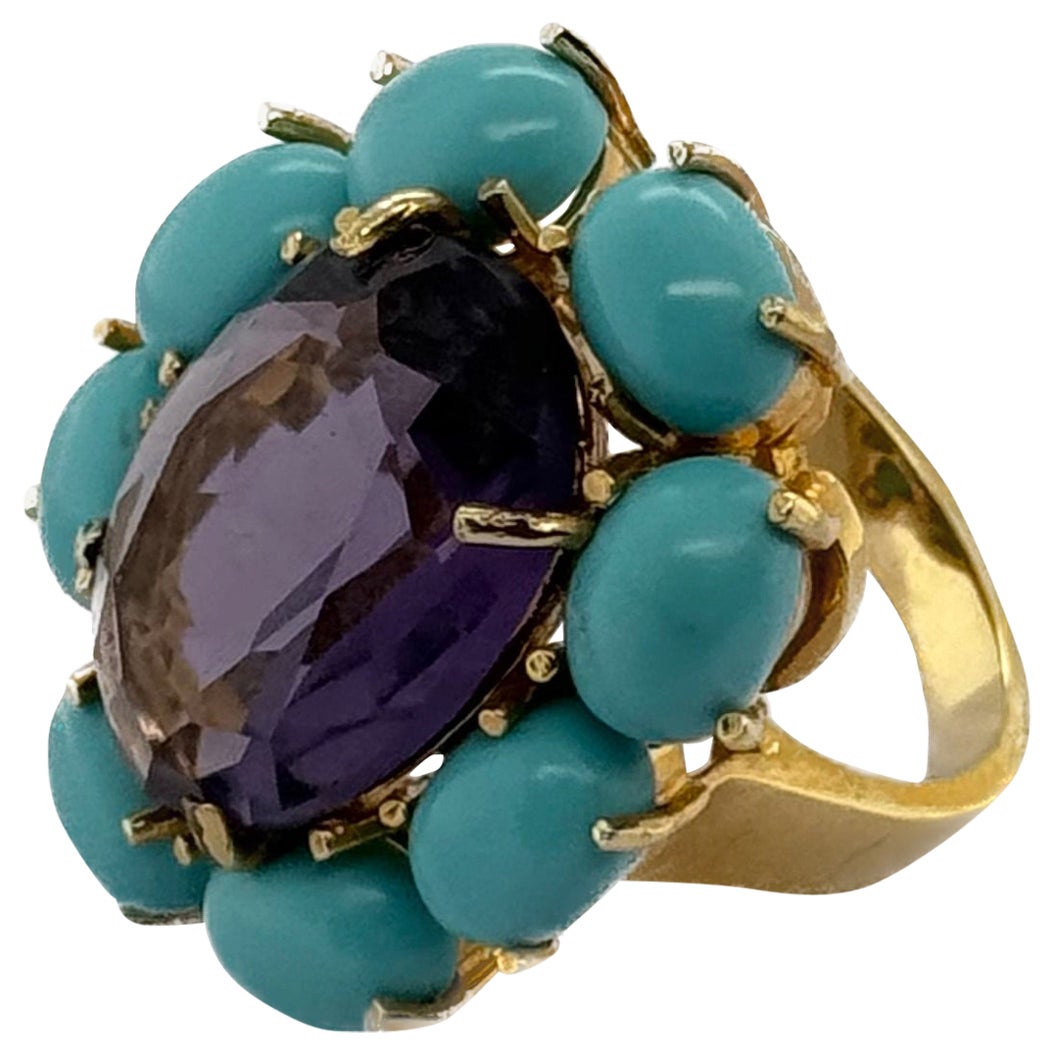 Amethyst and Turquoise Flower Statement Ring For Sale at 1stDibs