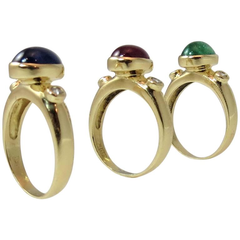 Set Of Three Gem Diamond Gold Rings For Sale at 1stDibs