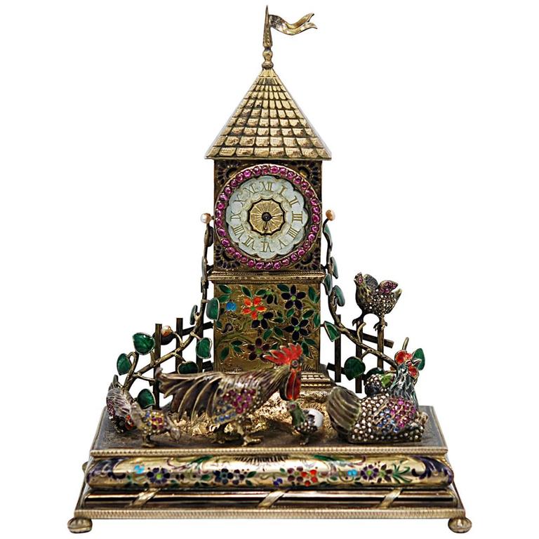 Viennese Jeweled Silver Gilt Tower Clock with Barnyard Animals in the ...