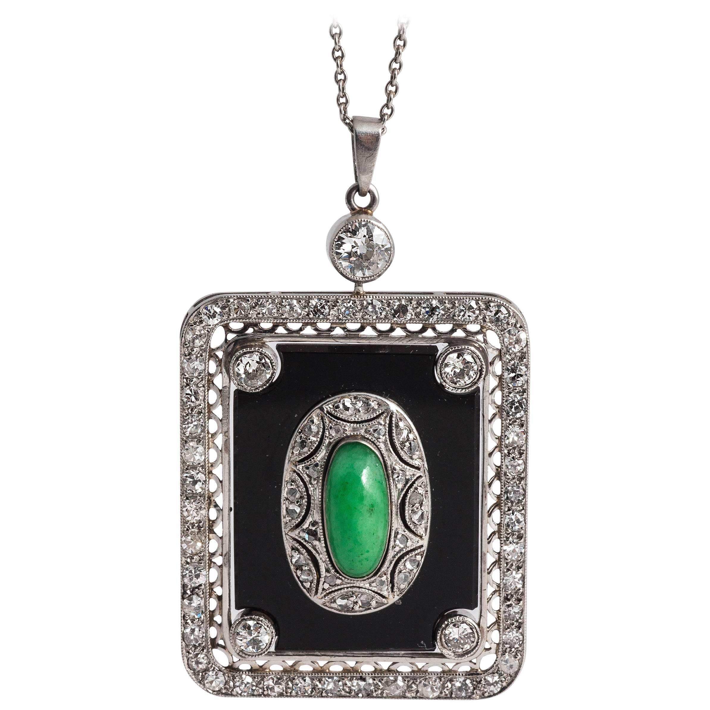 Art Deco Rectangular Jade Diamond Onyx Pendant For Sale at 1stDibs
