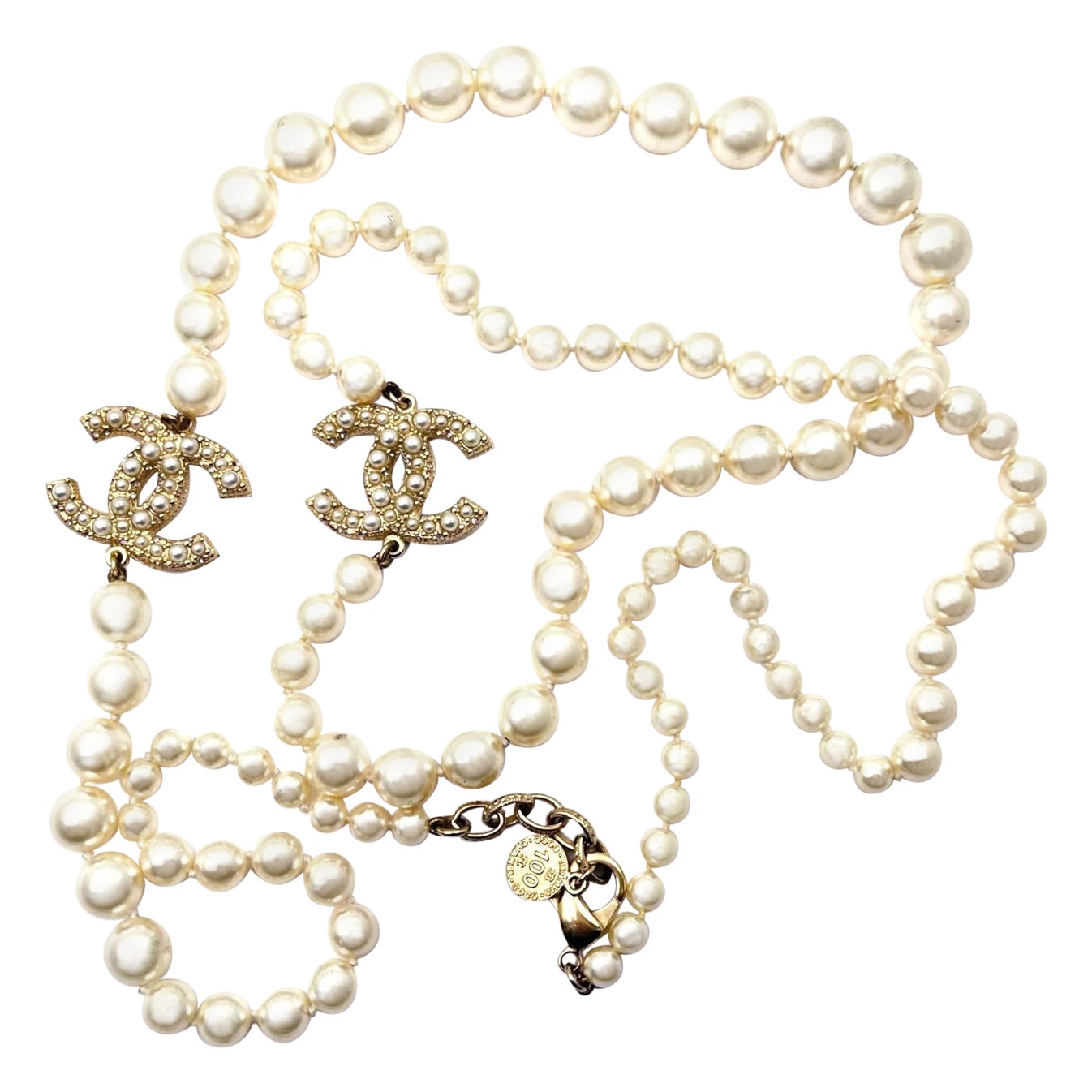Chanel Classic Gold CC Scatter Pearl Pearl Long Necklace 100 yr ...