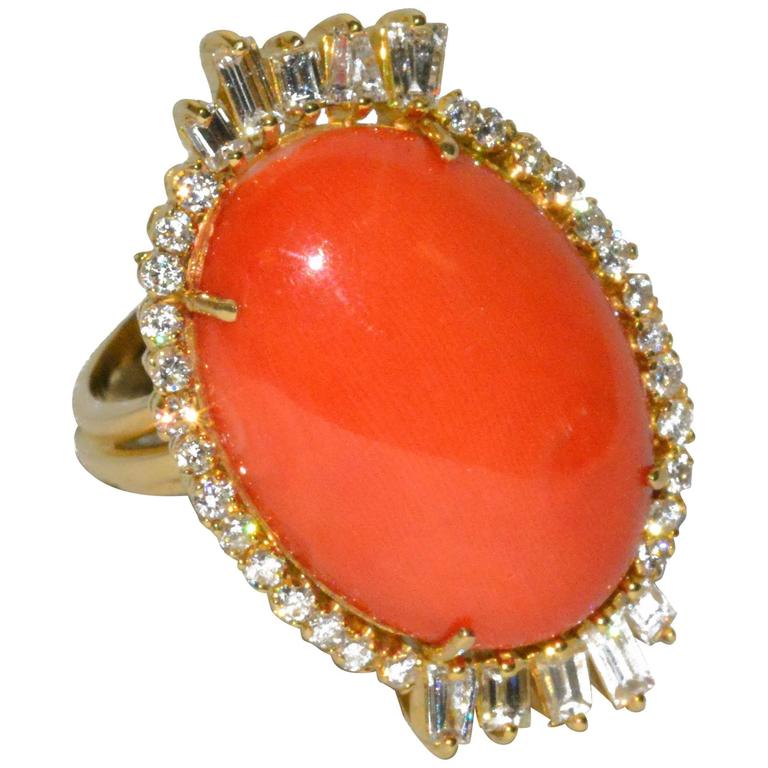 Large Natural Coral Diamond Gold Ring For Sale at 1stdibs