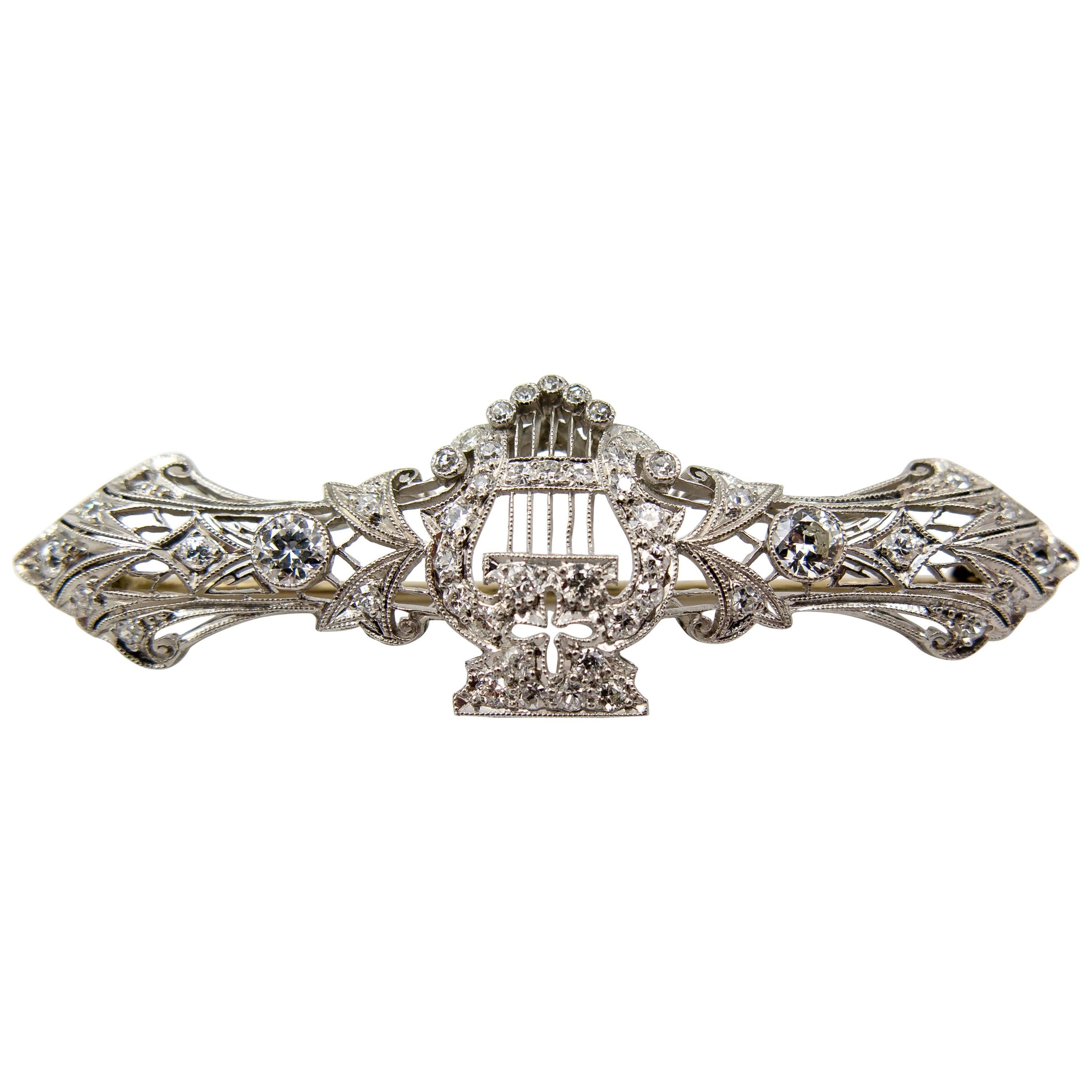 Charming Edwardian Diamond Platinum Lyre Motif Pin at 1stDibs