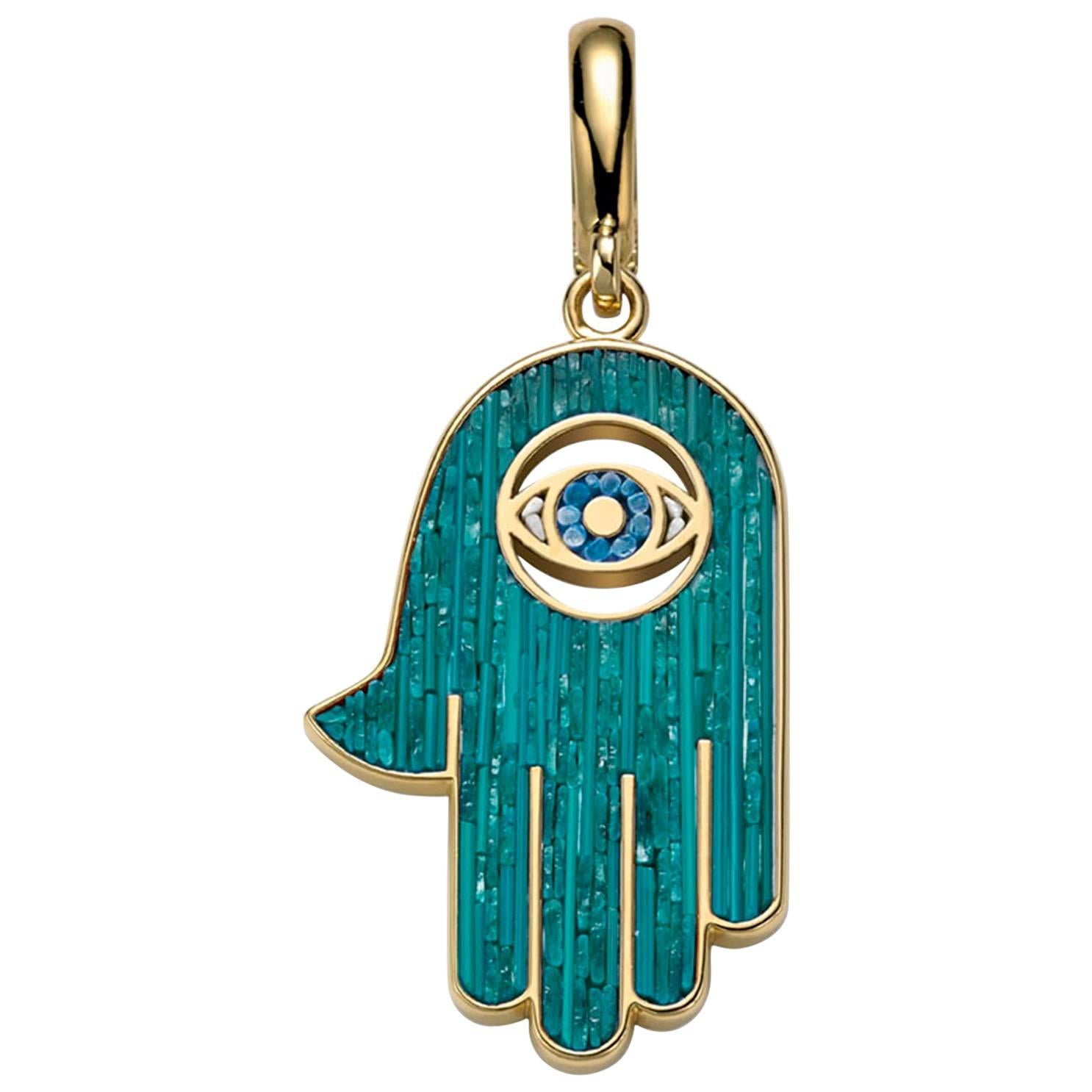 Stylish Good Luck Pendant Yellow Gold Hand Decorated with Micro Mosaic ...