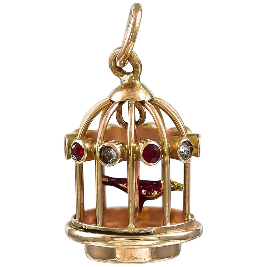 Gold Ruby and Diamond Bird in Birdcage Charm at 1stDibs