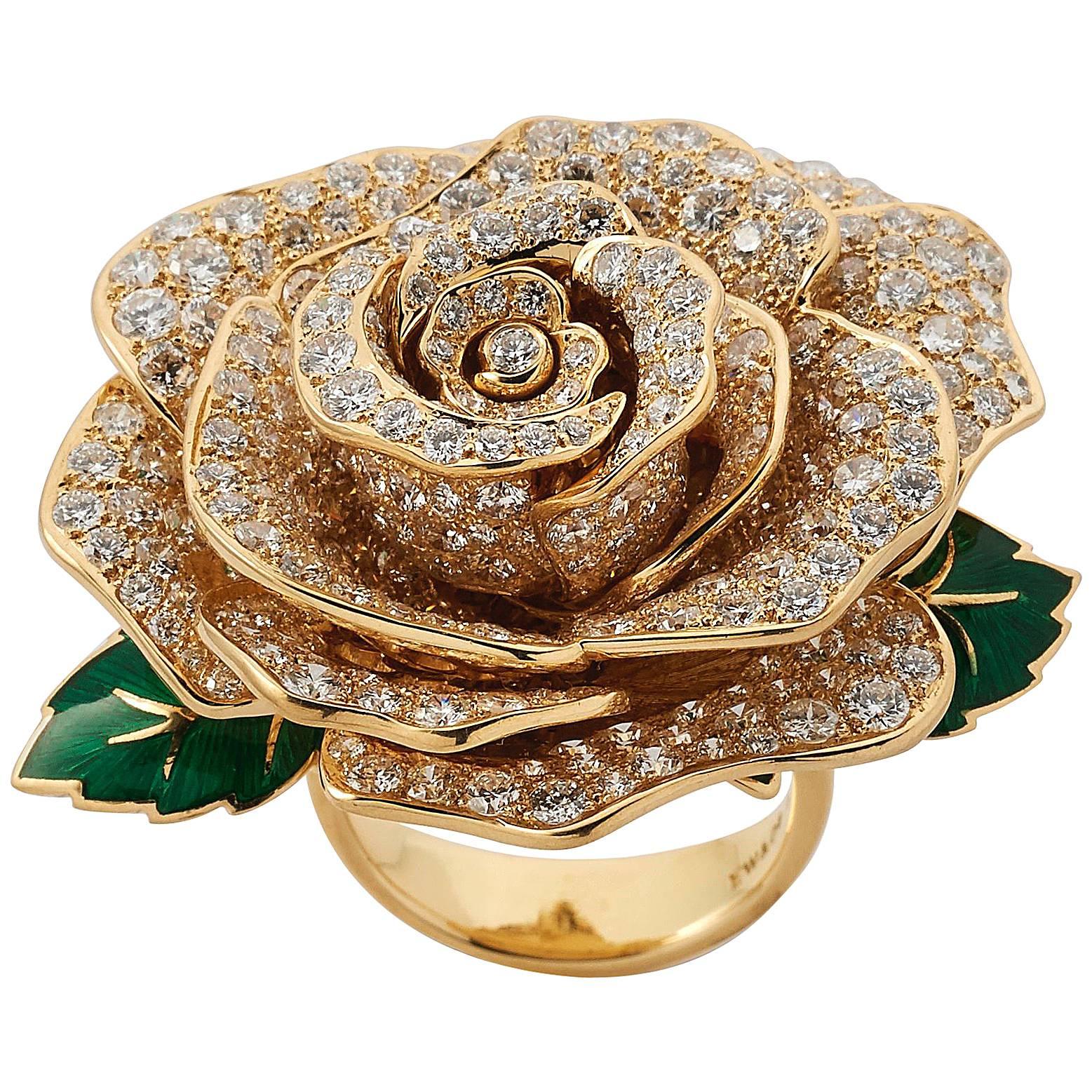 E Wolfe Enamel Diamond Gold Rose Flower Ring at 1stDibs