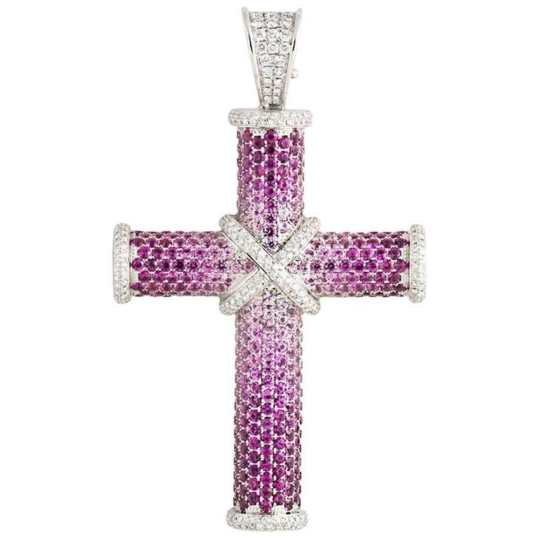 Theo Fennell Diamond and Pink Sapphire Cross Pendant 1.61ct at 1stDibs