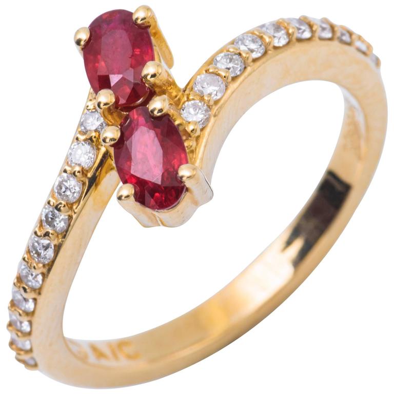 Ever-Us Two Rubies Diamond Yellow Gold Solitaire Crossover Engagement ...