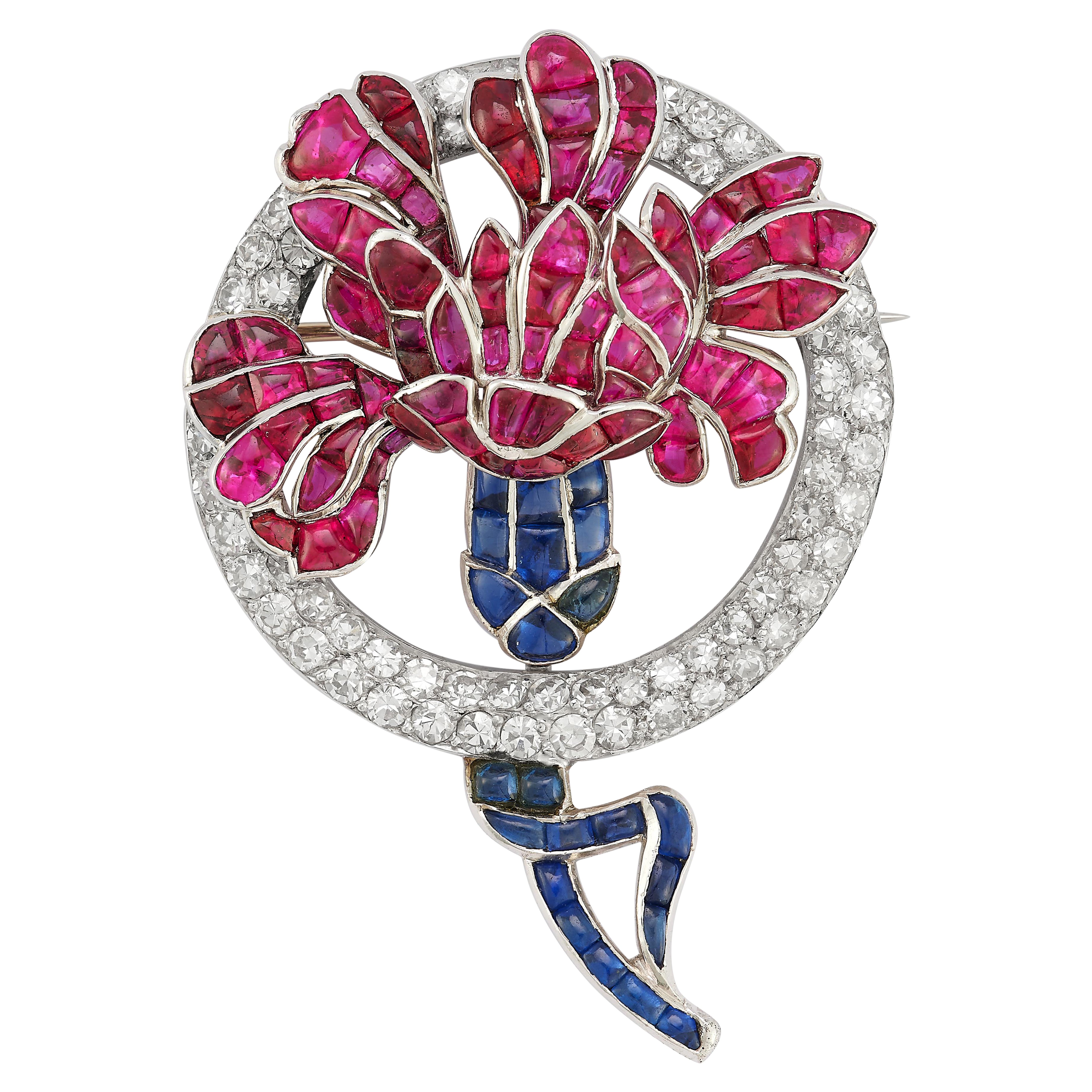 Retro Van Cleef and Arpels Sapphire Ruby Flower Bouquet Brooch For Sale ...