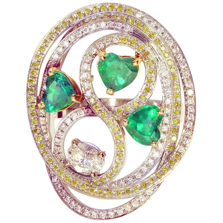 Tourbillon Ring in 18K White Gold Set With Emeralds and Diamonds For ...