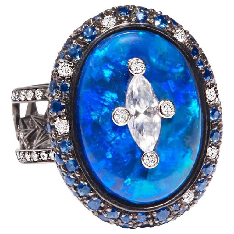 Black Opal Diamond Blue Sapphire Celestial Gold Ring For Sale at 1stDibs
