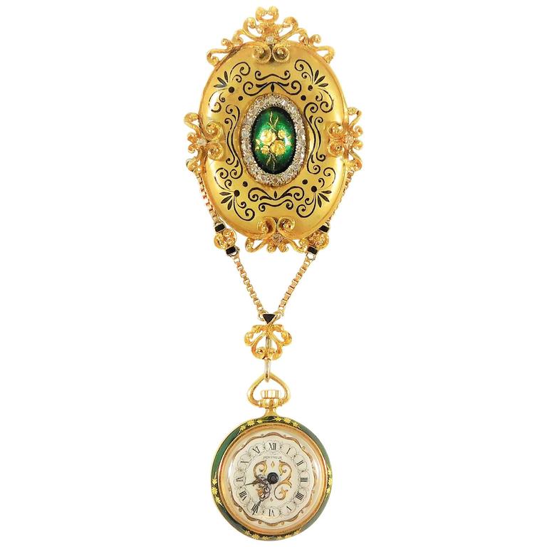 Victorian Ladies Yellow Gold Montreux Enamel Brooch Watch For Sale at ...