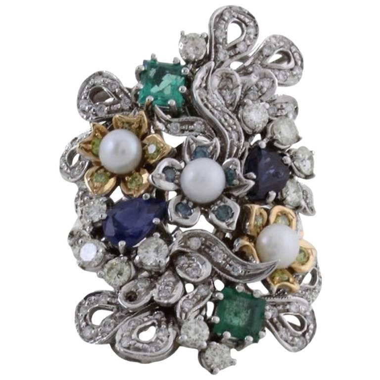 Diamant Perle Edelstein Gold Ring im Angebot bei 1stDibs