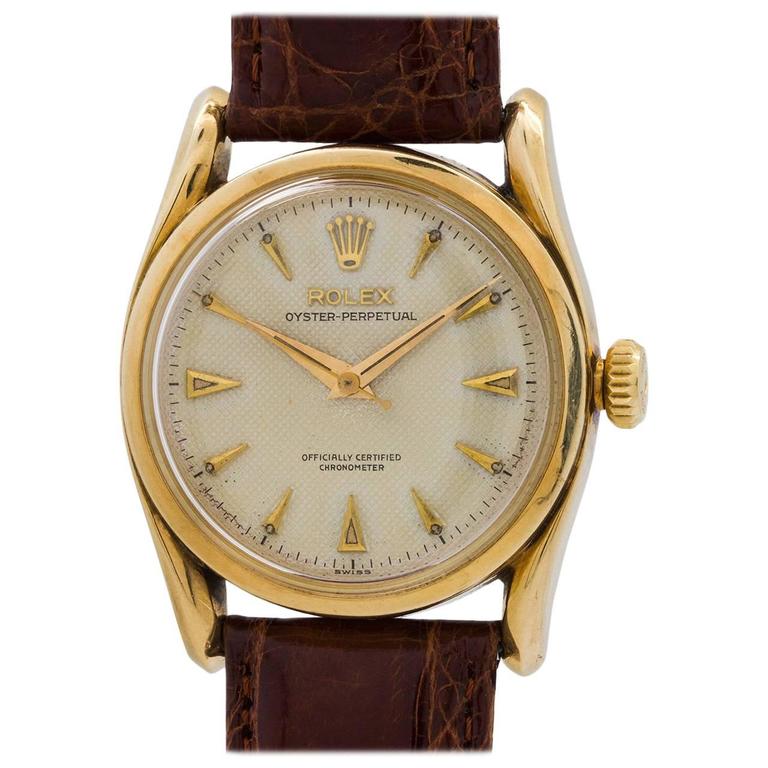 Rolex Yellow Gold Waffle Dial Oyster Perpetual Bombe Wristwatch Ref ...