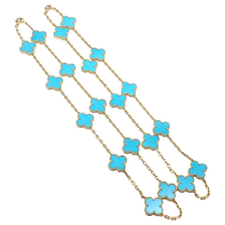 Van Cleef and Arpels Vintage Alhambra Set of Two Turquoise Yellow Gold ...