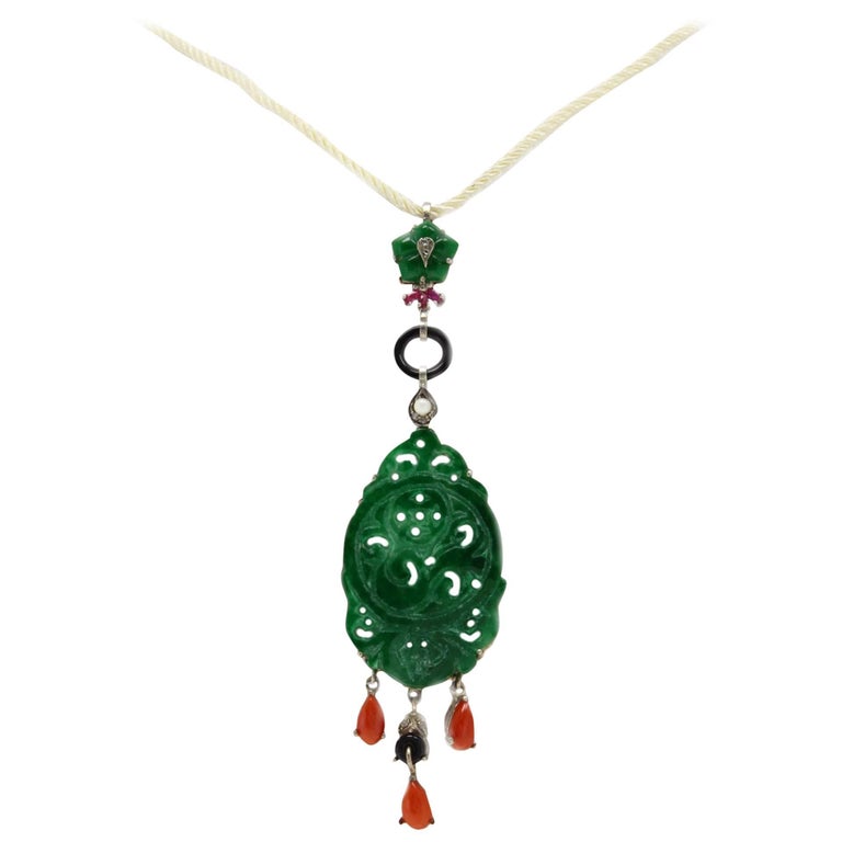 Green Agate, Red Coral , Onyx, Ruby, Diamonds Gold and Silver Pendant ...