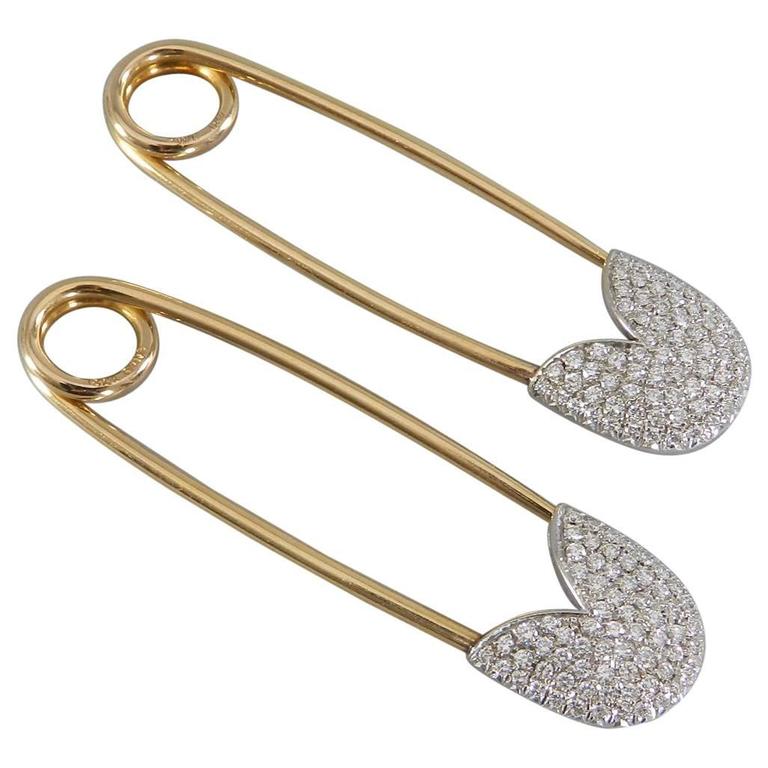 Pair of Pave Diamond Gold Safety Pin Brooches at 1stDibs