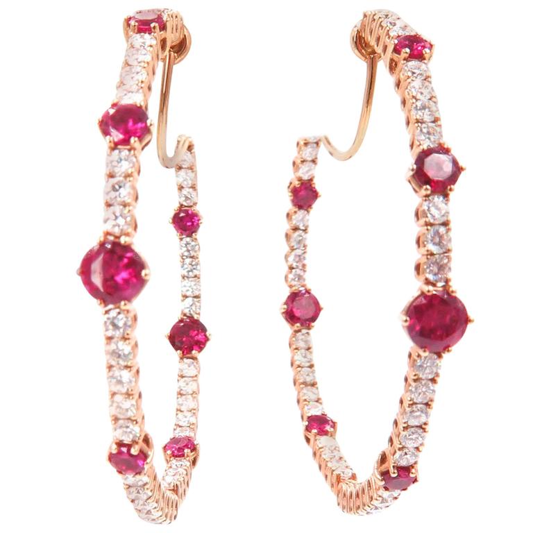 Rose Gold Ruby and Diamond Hoop Earrings at 1stDibs